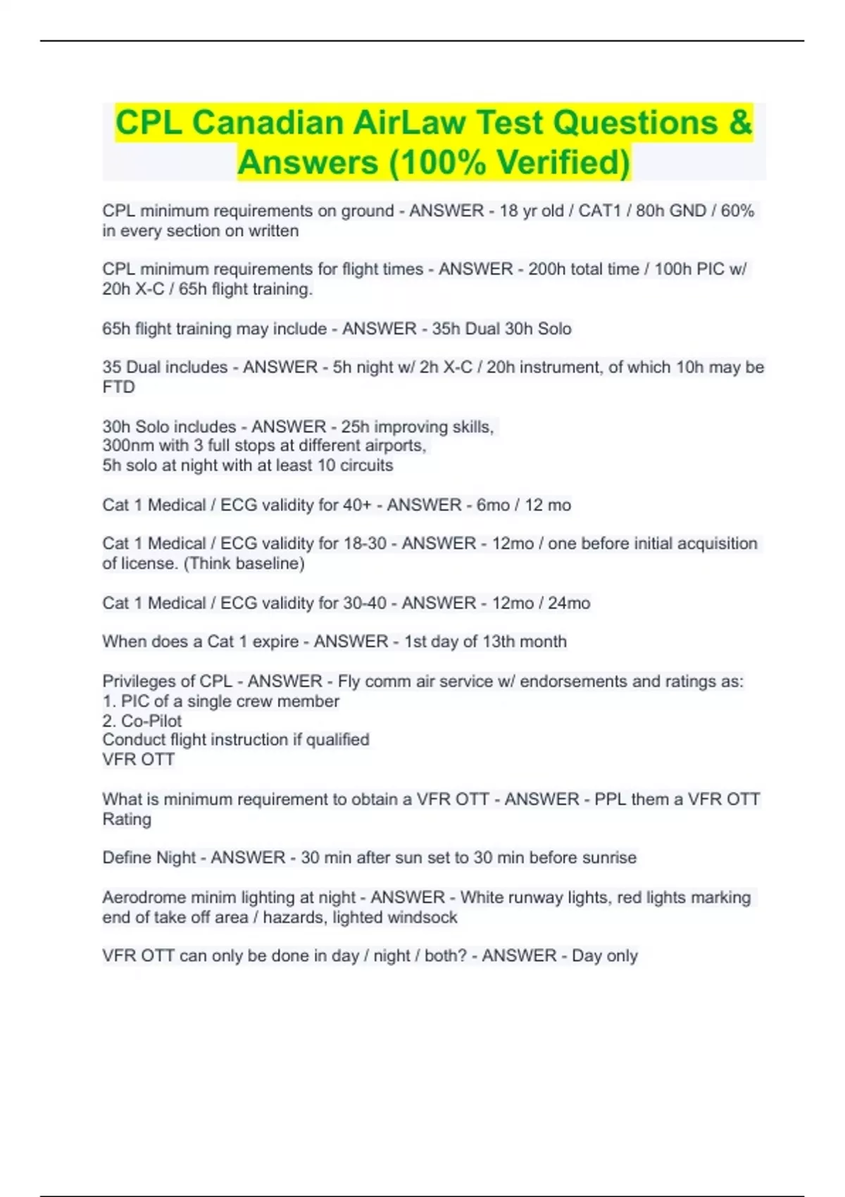 CPL Canadian AirLaw Test Questions & Answers (100% Verified ...