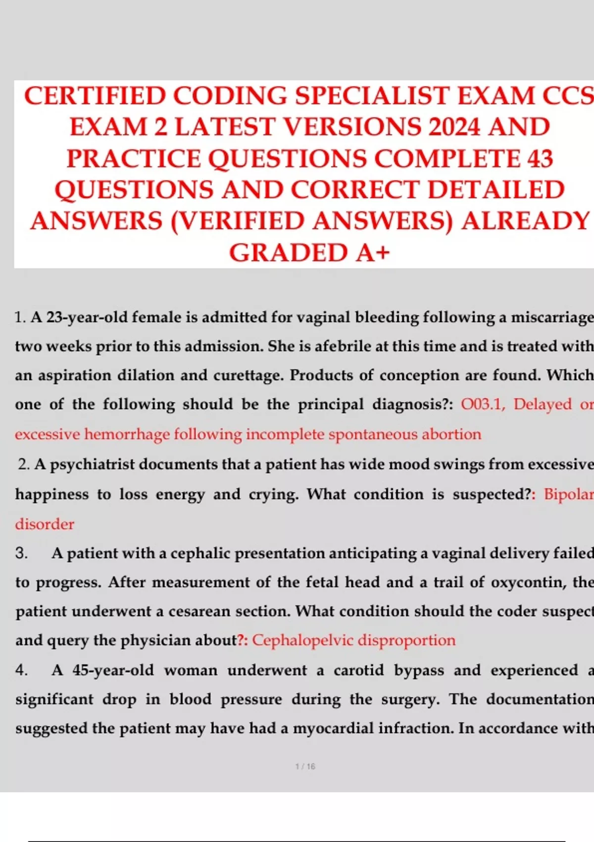 CERTIFIED CODING SPECIALIST EXAM CCS EXAM LATEST VERSIONS 2024 AND ...