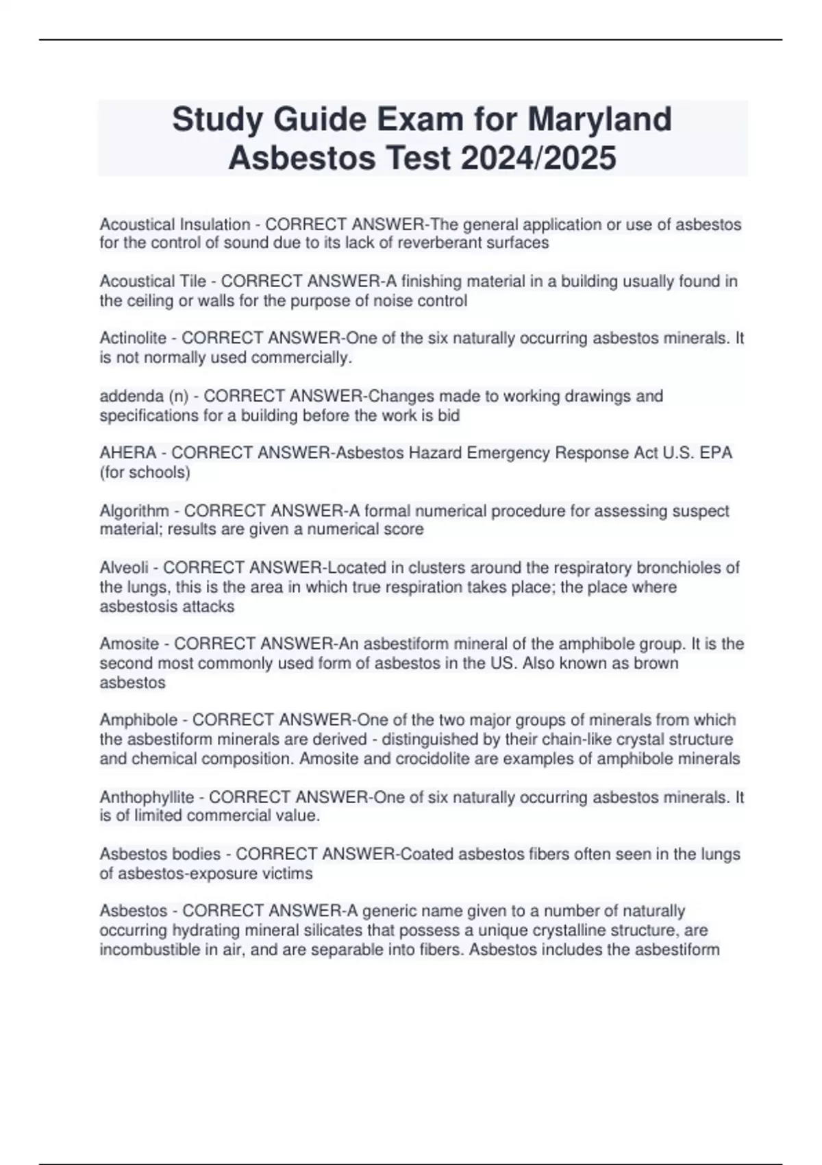 Study Guide Exam for Maryland Asbestos Test 2024/2025 - Asbestos ...