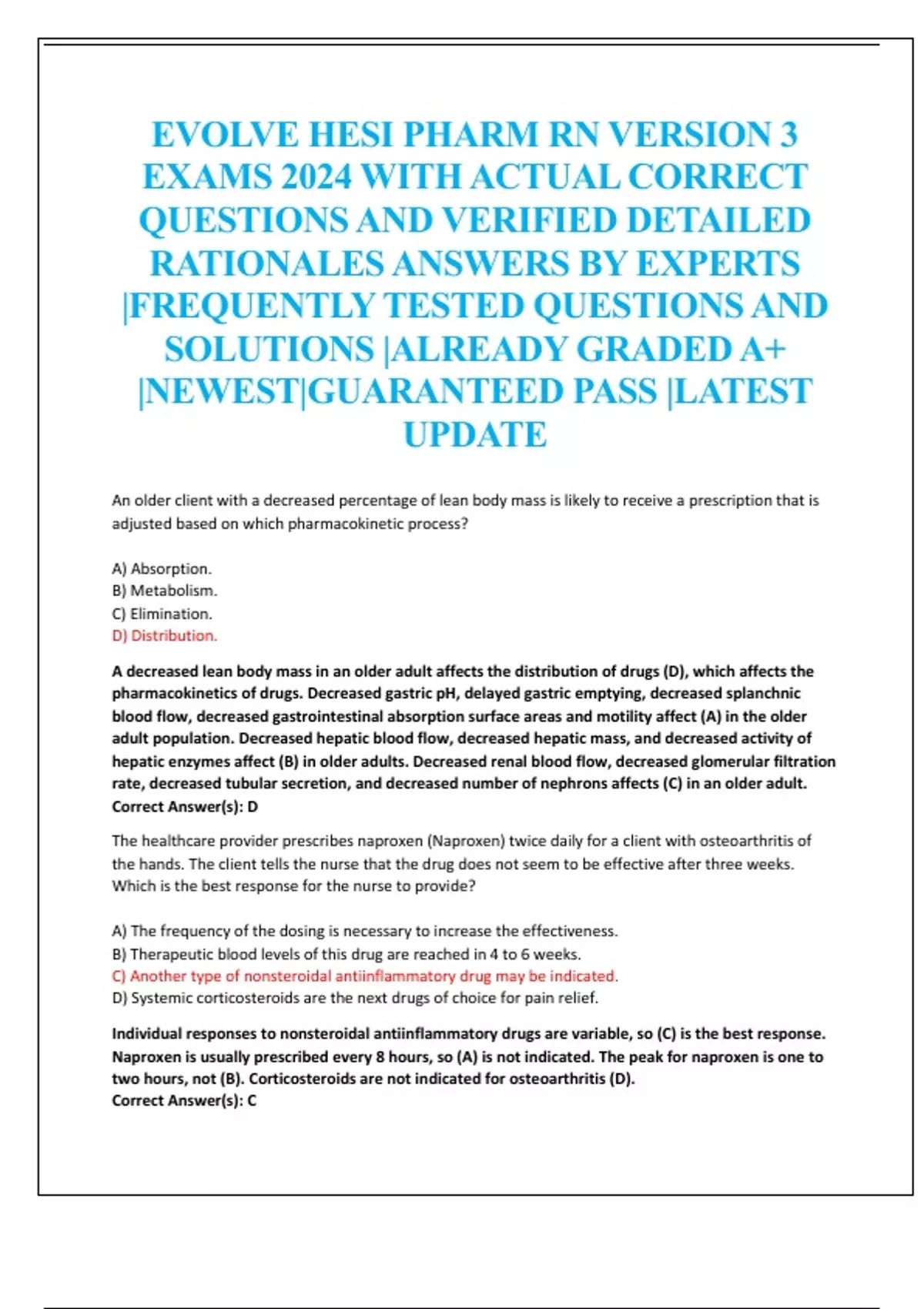 EVOLVE HESI PHARM RN VERSION 3 EXAMS 2024 WITH ACTUAL CORRECT QUESTIONS ...