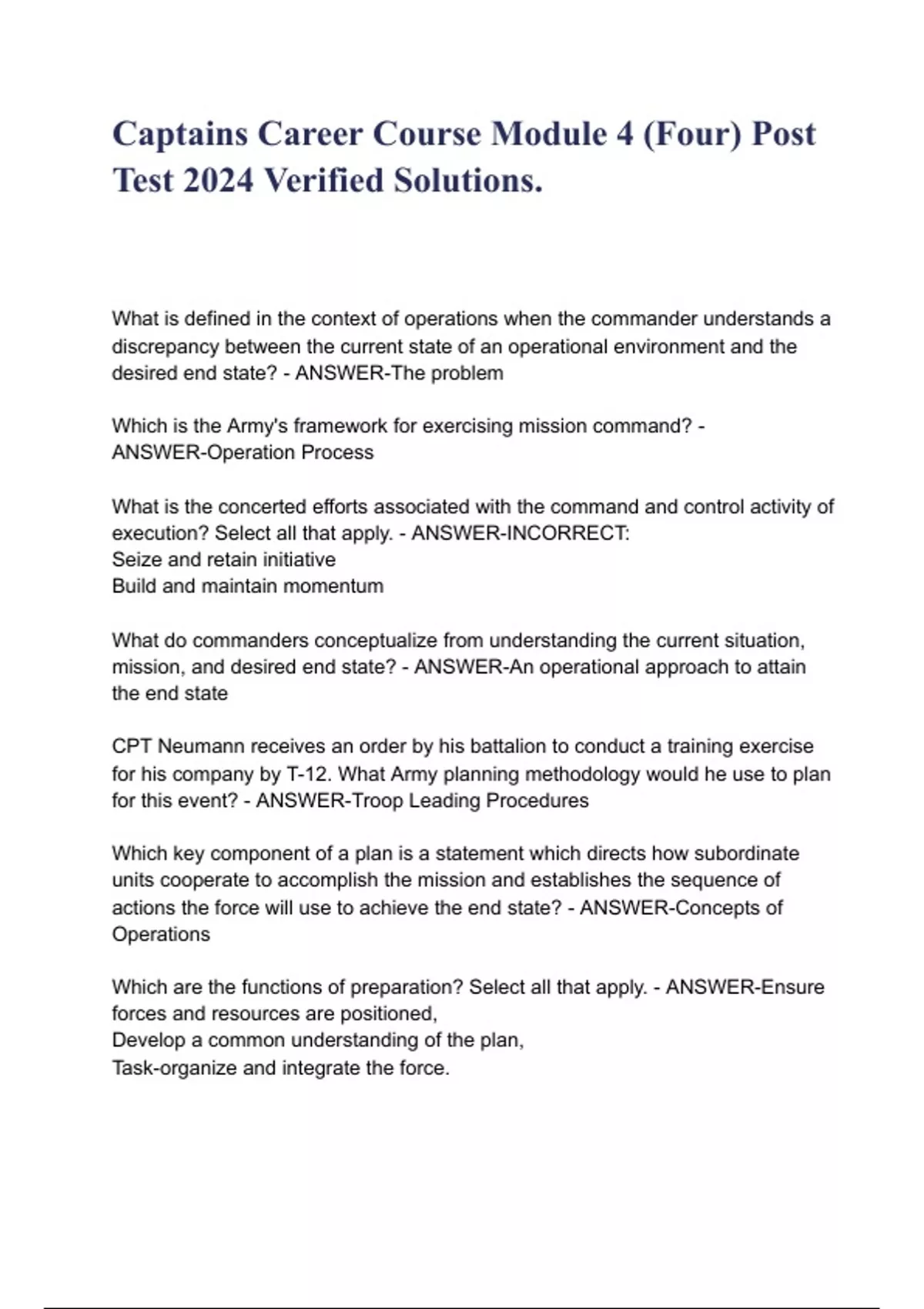 Captains Career Course Module 4 (Four) Post Test 2024 Verified ...