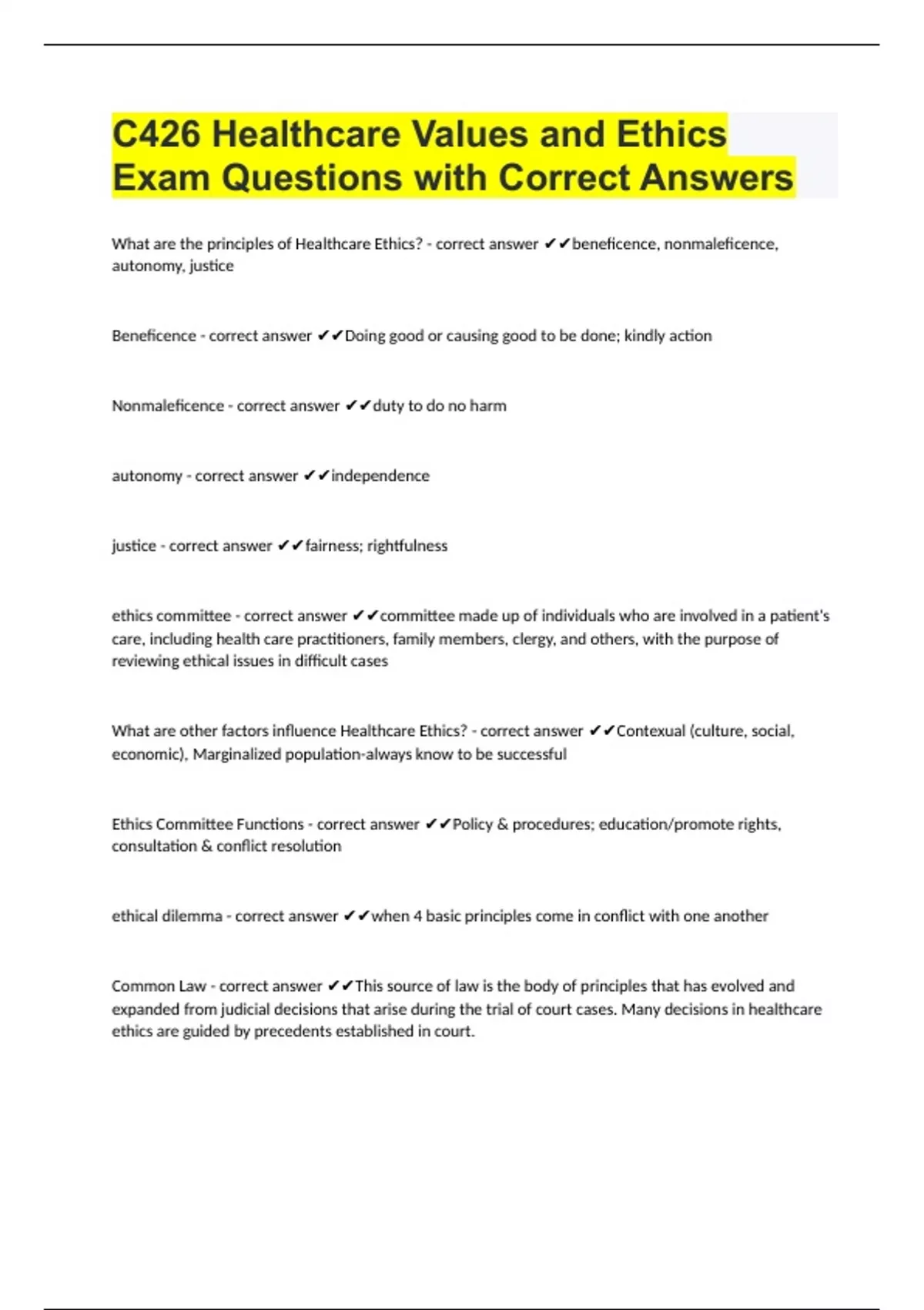 C426 Healthcare Values and Ethics Exam Questions with Correct Answers - C426 Healthcare Values ...