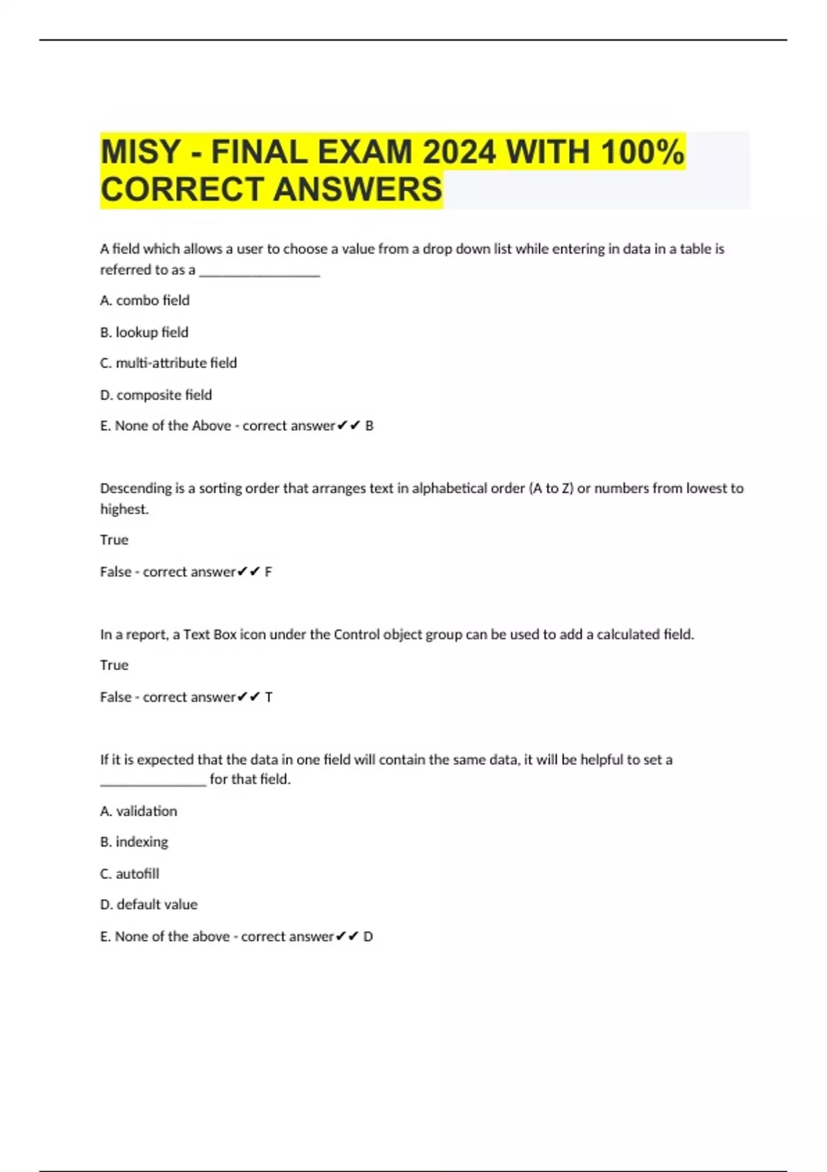 MISY - FINAL EXAM 2024 WITH 100% CORRECT ANSWERS - MISY - Stuvia US