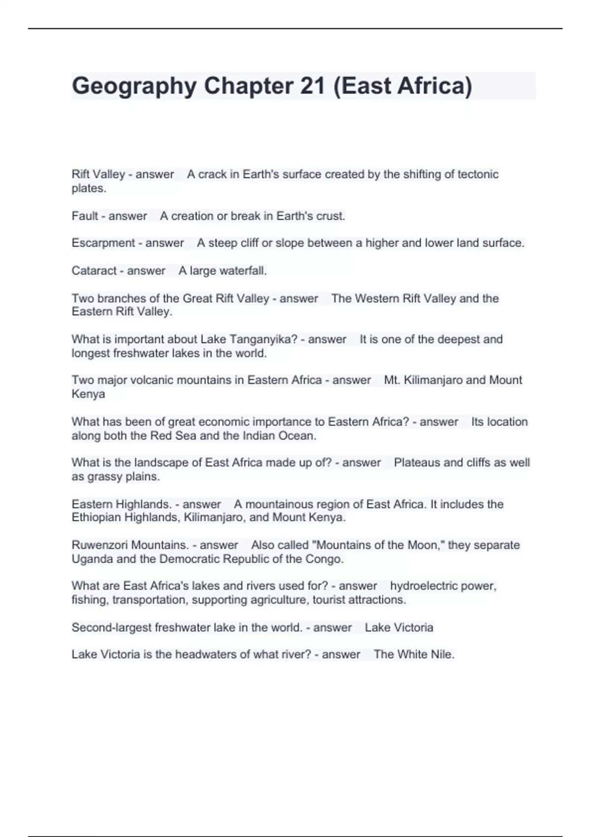 Geography Chapter 21 (East Africa) Questions and Answers 100% Correct ...