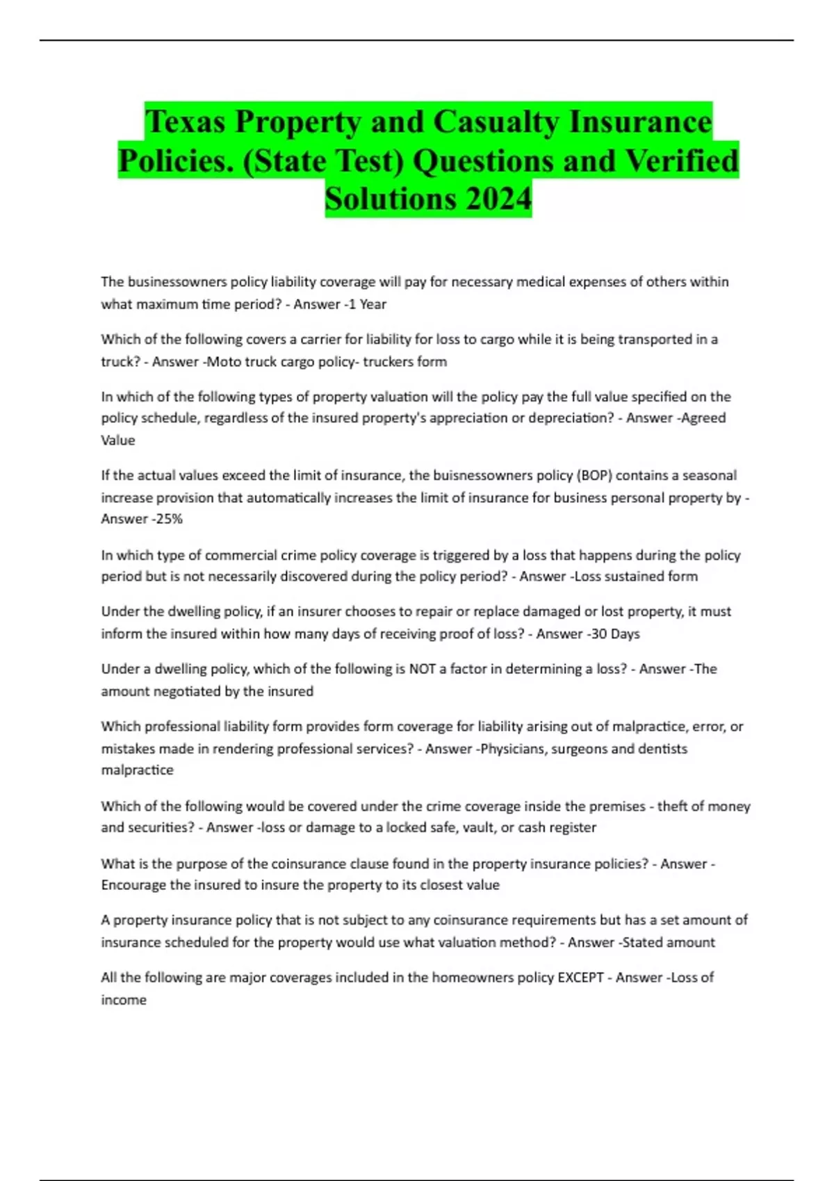 Texas Property and Casualty Insurance Policies. (State Test) Questions ...