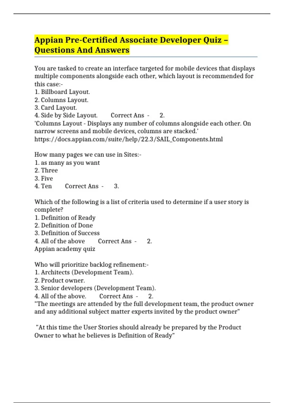 Appian Pre-Certified Associate Developer Quiz – Questions And Answers - APPIAN CERTIFIED - Stuvia US