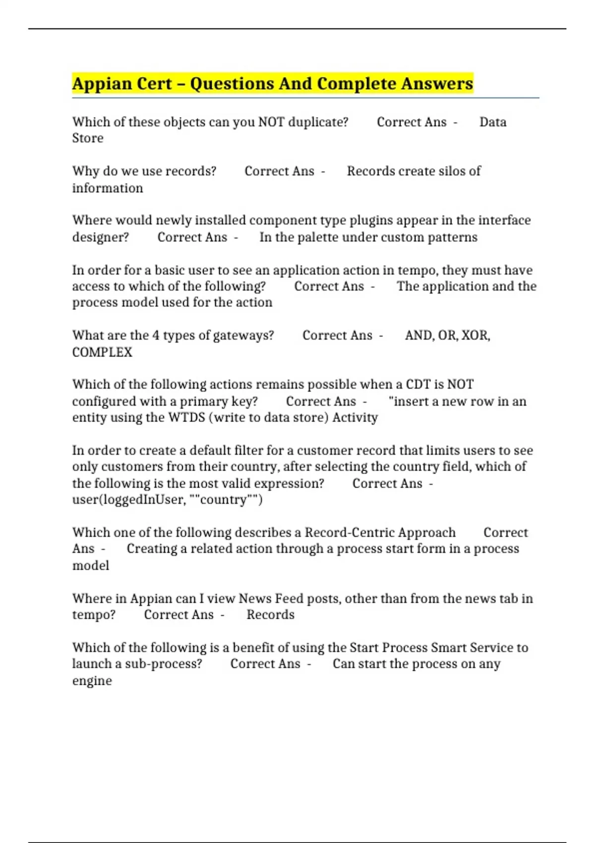 Appian Cert – Questions And Complete Answers - APPIAN CERTIFIED - Stuvia US