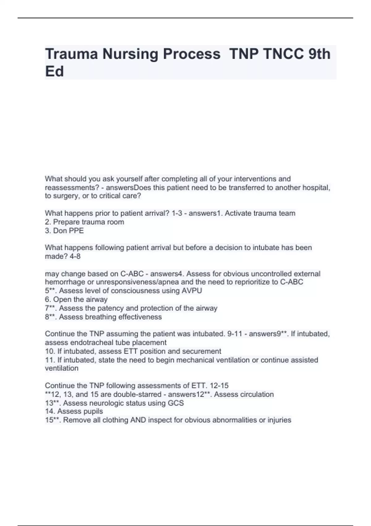 Trauma Nursing Process TNP TNCC 9th Ed QUESTIONS WITH SOLUTIONS - TNCC-Trauma Nursing Core ...