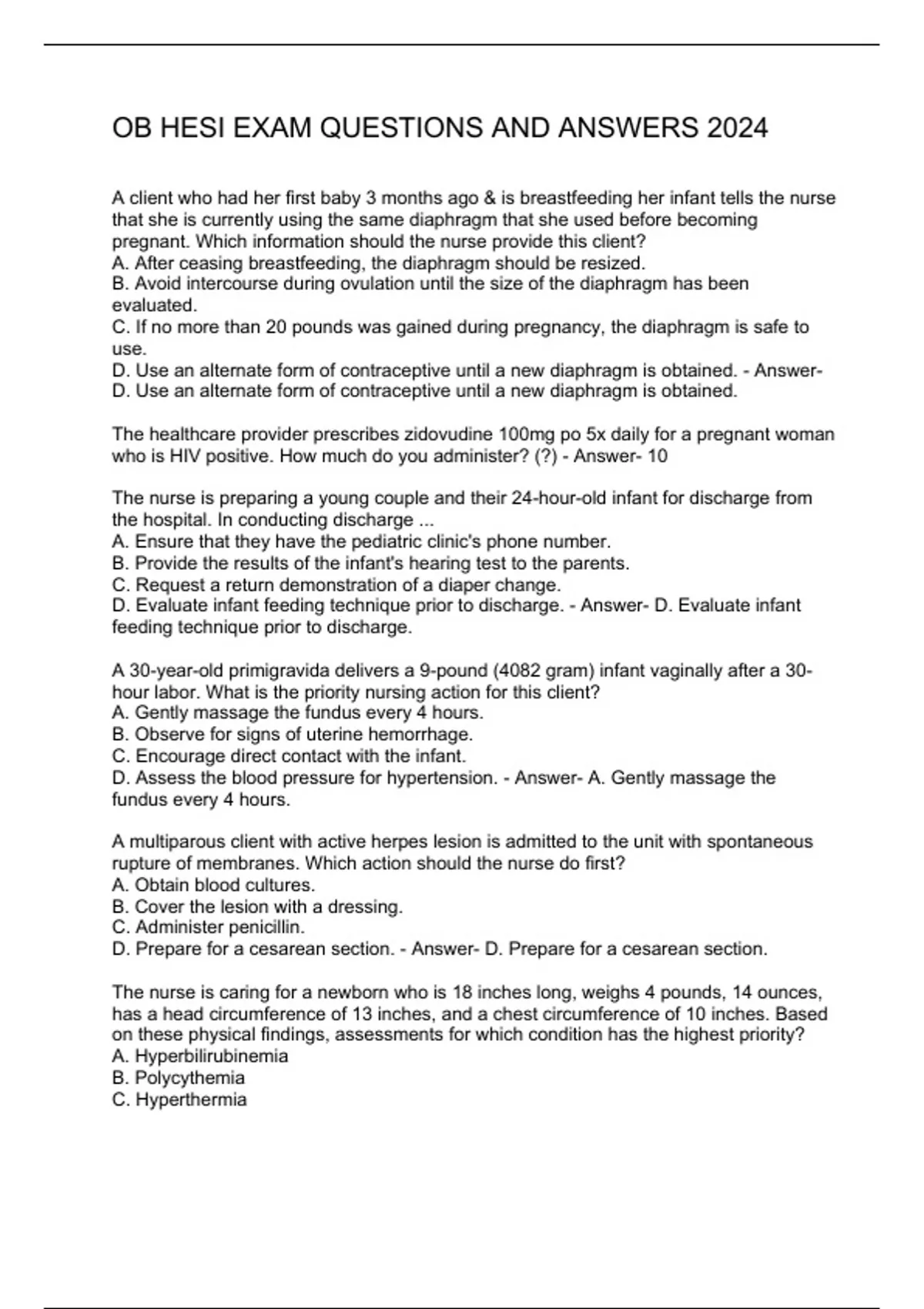 OB HESI EXAM QUESTIONS AND ANSWERS 2024 - OB HESI - Stuvia US