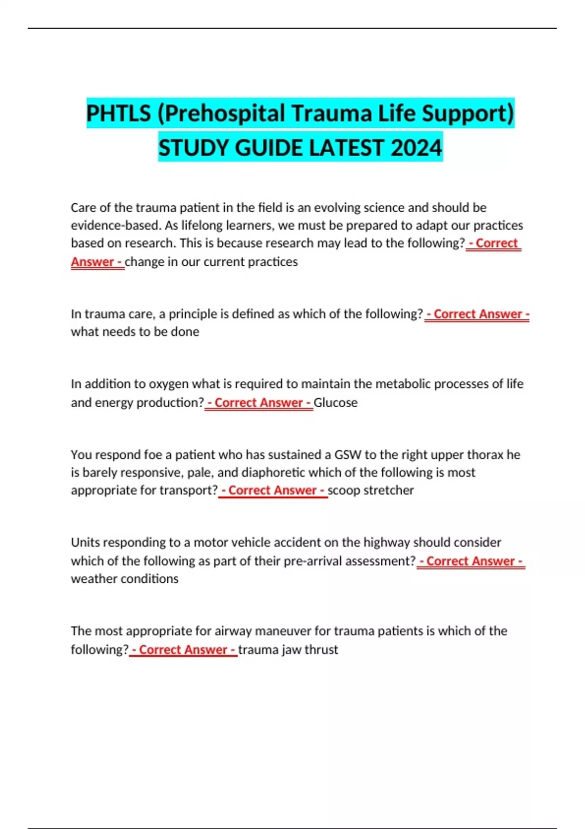 PHTLS (Prehospital Trauma Life Support) STUDY GUIDE LATEST 2024 - PHTLS ...