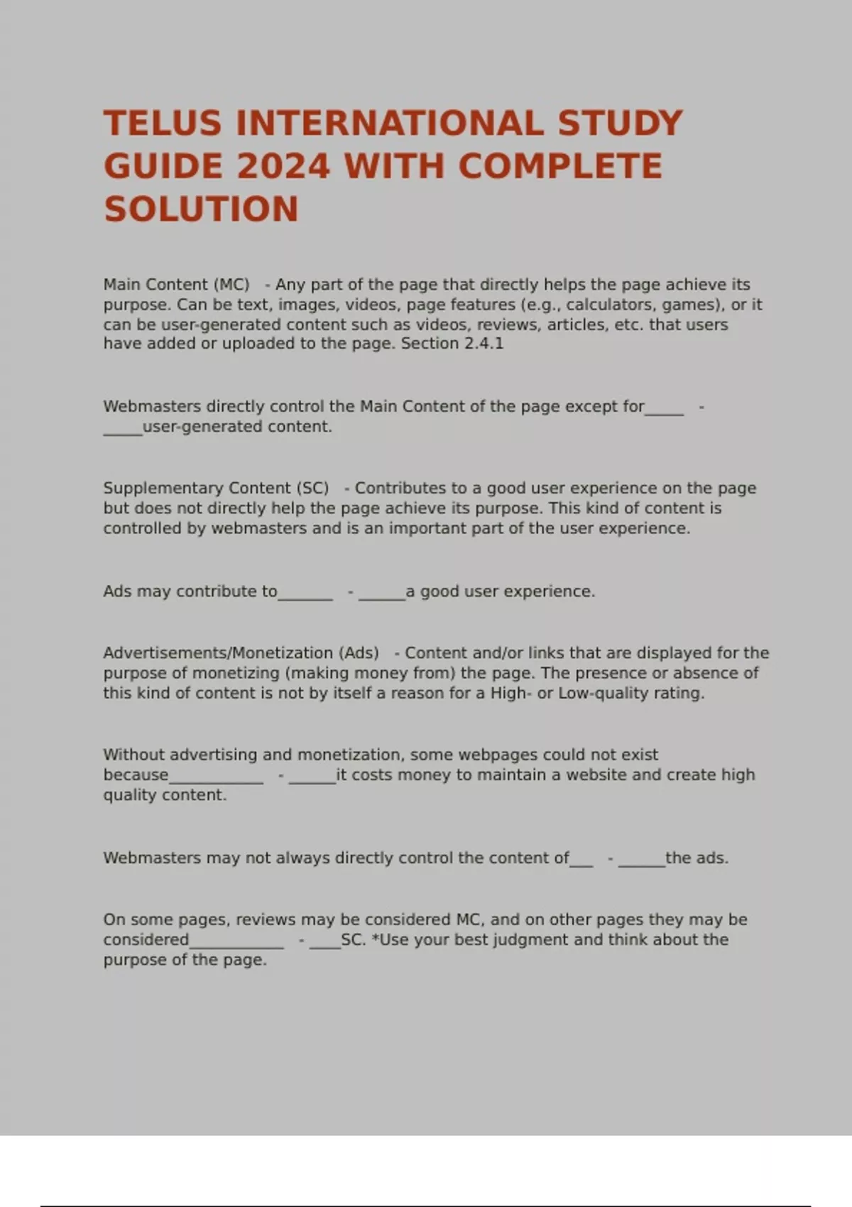 TELUS INTERNATIONAL STUDY GUIDE 2024 WITH COMPLETE SOLUTION - TELUS ...