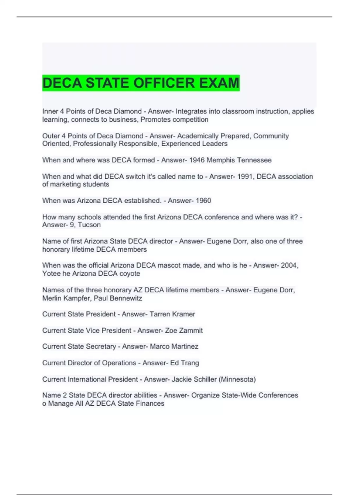 DECA STATE OFFICER EXAM 2024 QUESTIONS AND ANSWERS - DECA State Officer ...