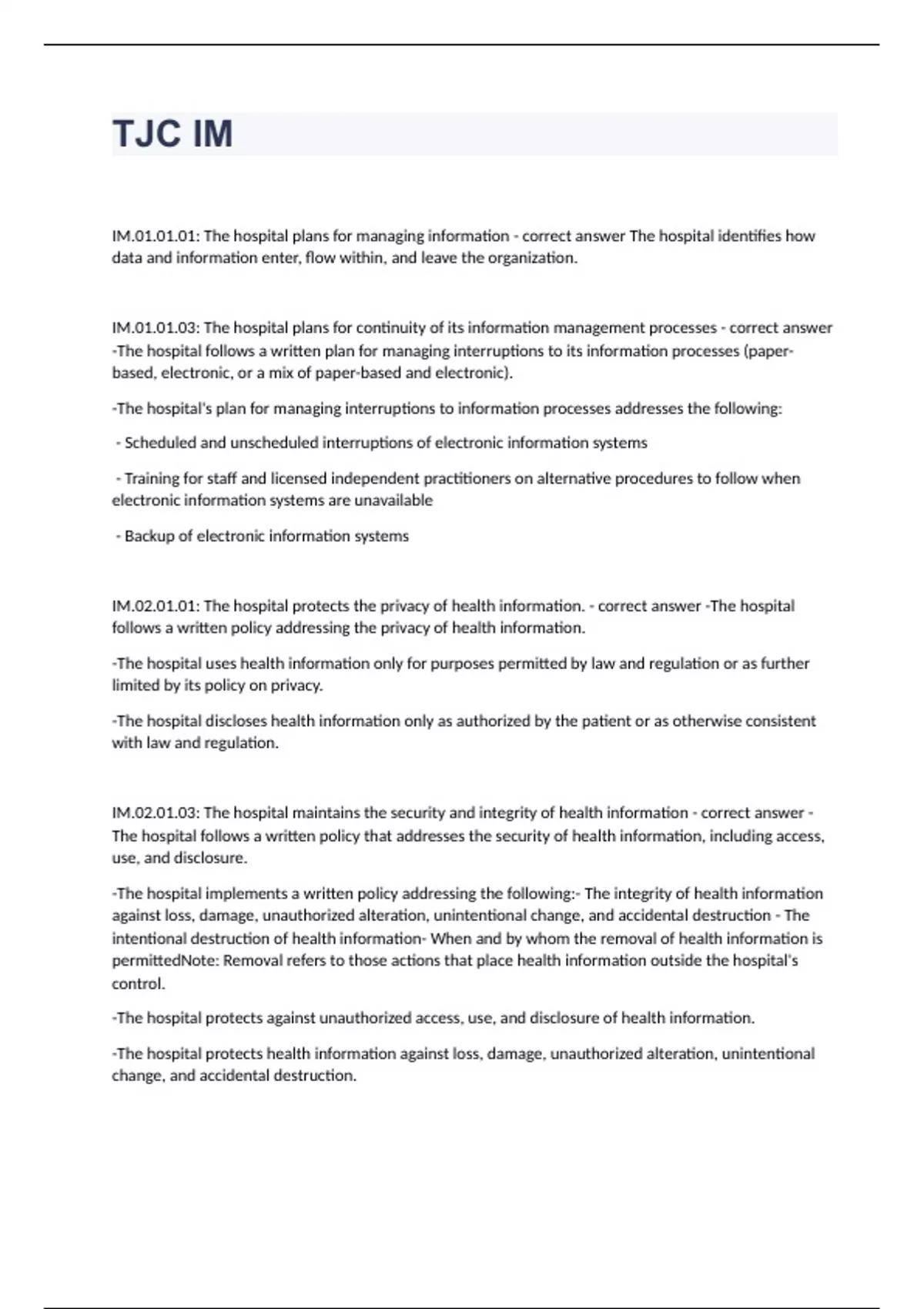 TJC IM Question and answers rated A+ 2024 - TJC - Stuvia US