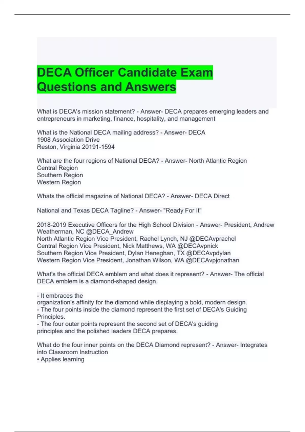 DECA Officer Candidate Exam Questions and Answers - DECA State Officer - Stuvia US
