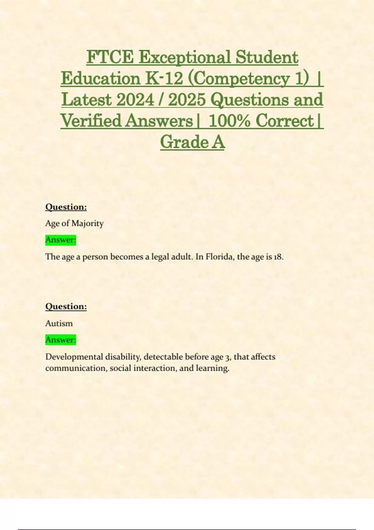 FTCE Exceptional Student Education K-12 ( Competency 1 - 7 ) Exams ...