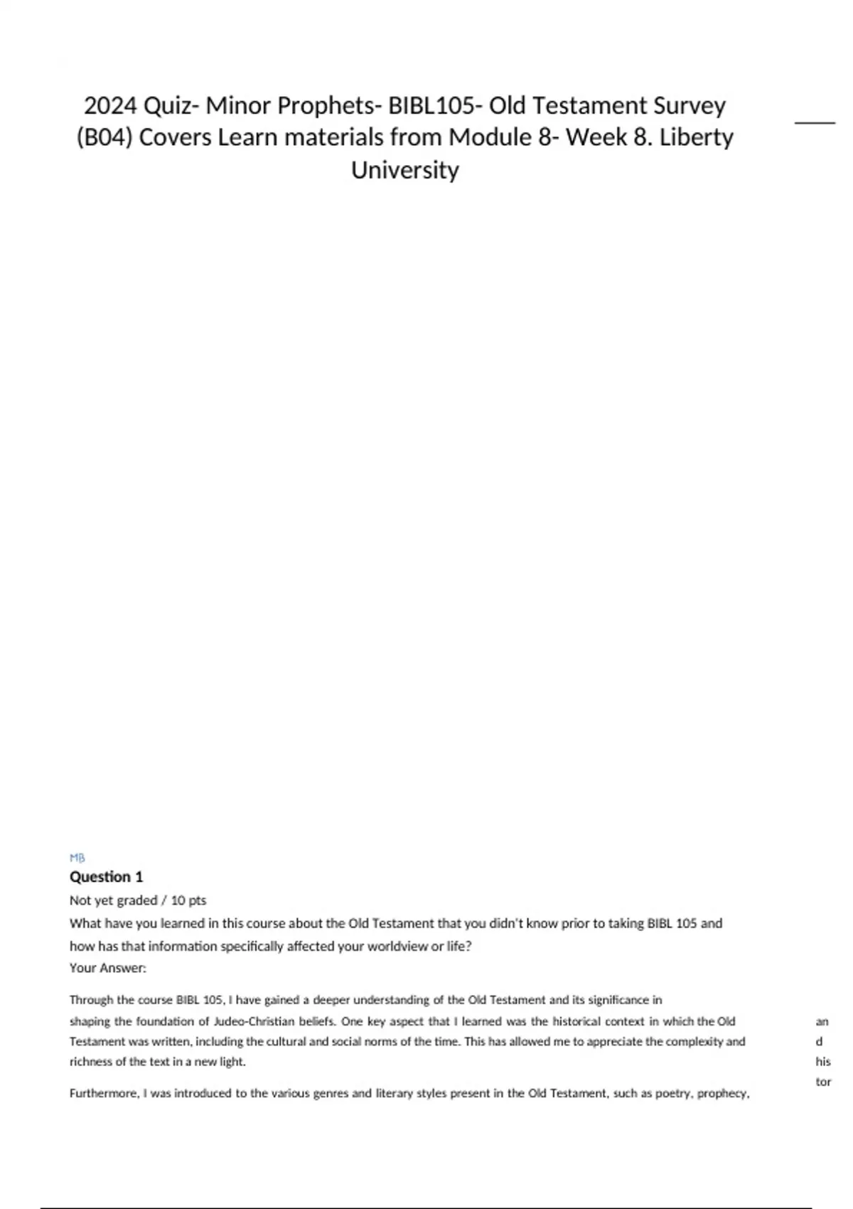 2024 Quiz- Minor Prophets- BIBL105- Old Testament Survey (B04) Covers ...