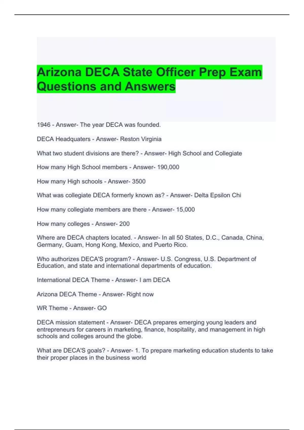 Arizona DECA State Officer Prep Exam Questions and Answers - DECA State ...