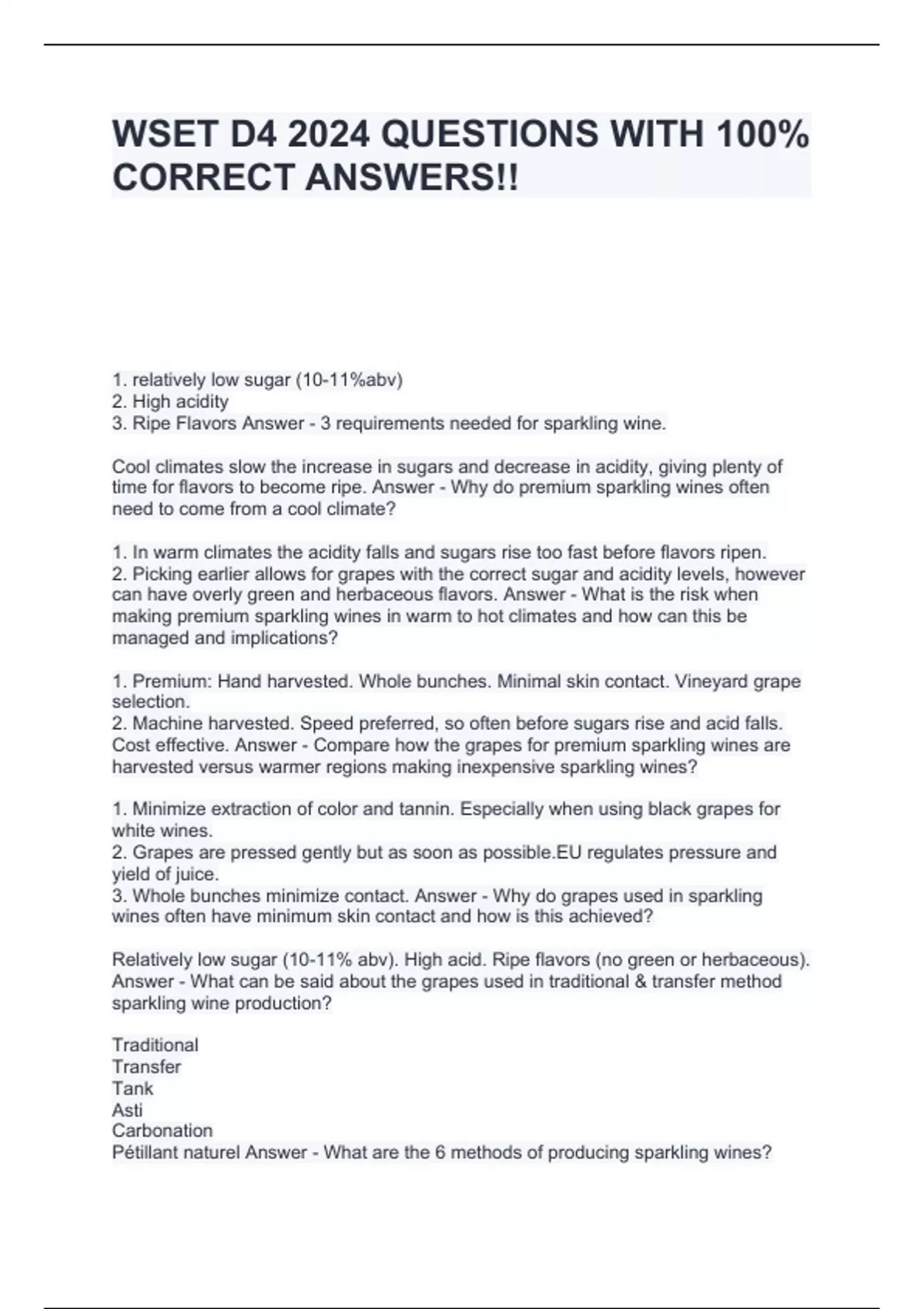 WSET D4 Sparkling (all cards) 2024 QUESTIONS WITH 100% CORRECT ANSWERS ...