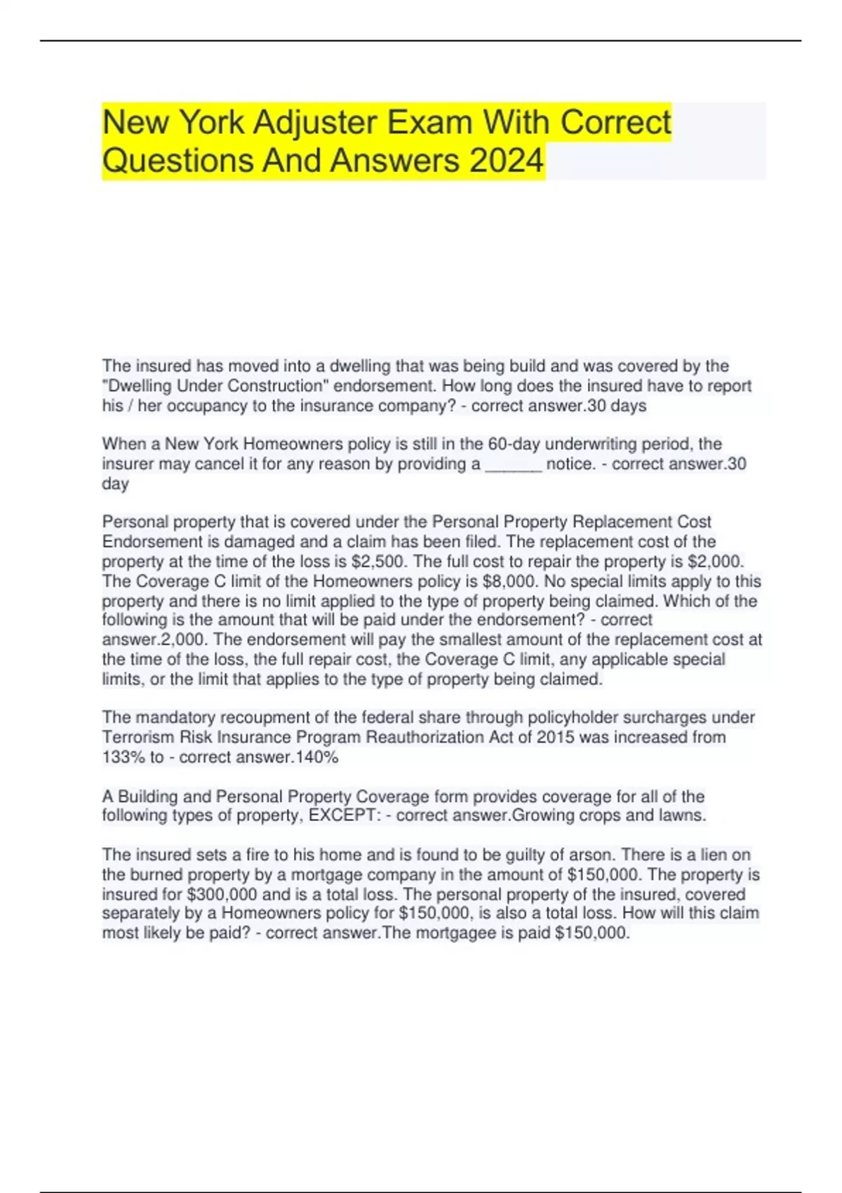 New York Adjuster Exam With Correct Questions And Answers 2024 - New ...