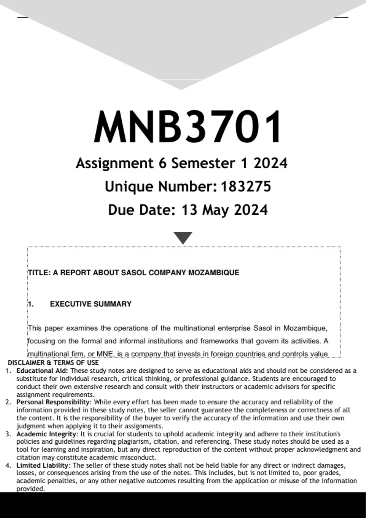MNB3701 Assignment 6 (FINAL REPORT ANSWERS) Semester 1 2024 ...