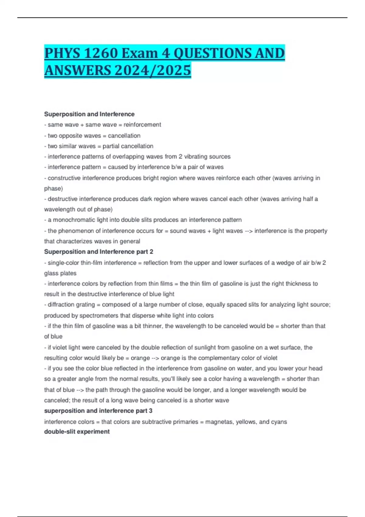 PHYS 1260 Exam 4 QUESTIONS AND ANSWERS 2024/2025 - PHYS 1260 - Stuvia US