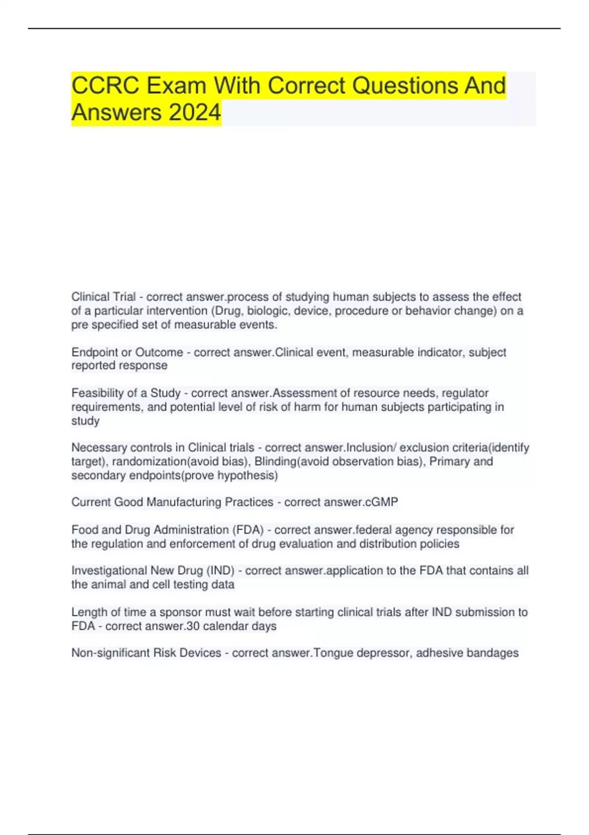 CCRC Exam With Correct Questions And Answers 2024 - CCRC - Stuvia US