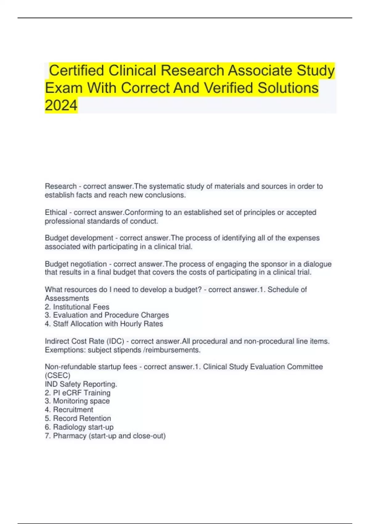 Certified Clinical Research Associate Study Exam With Correct And ...