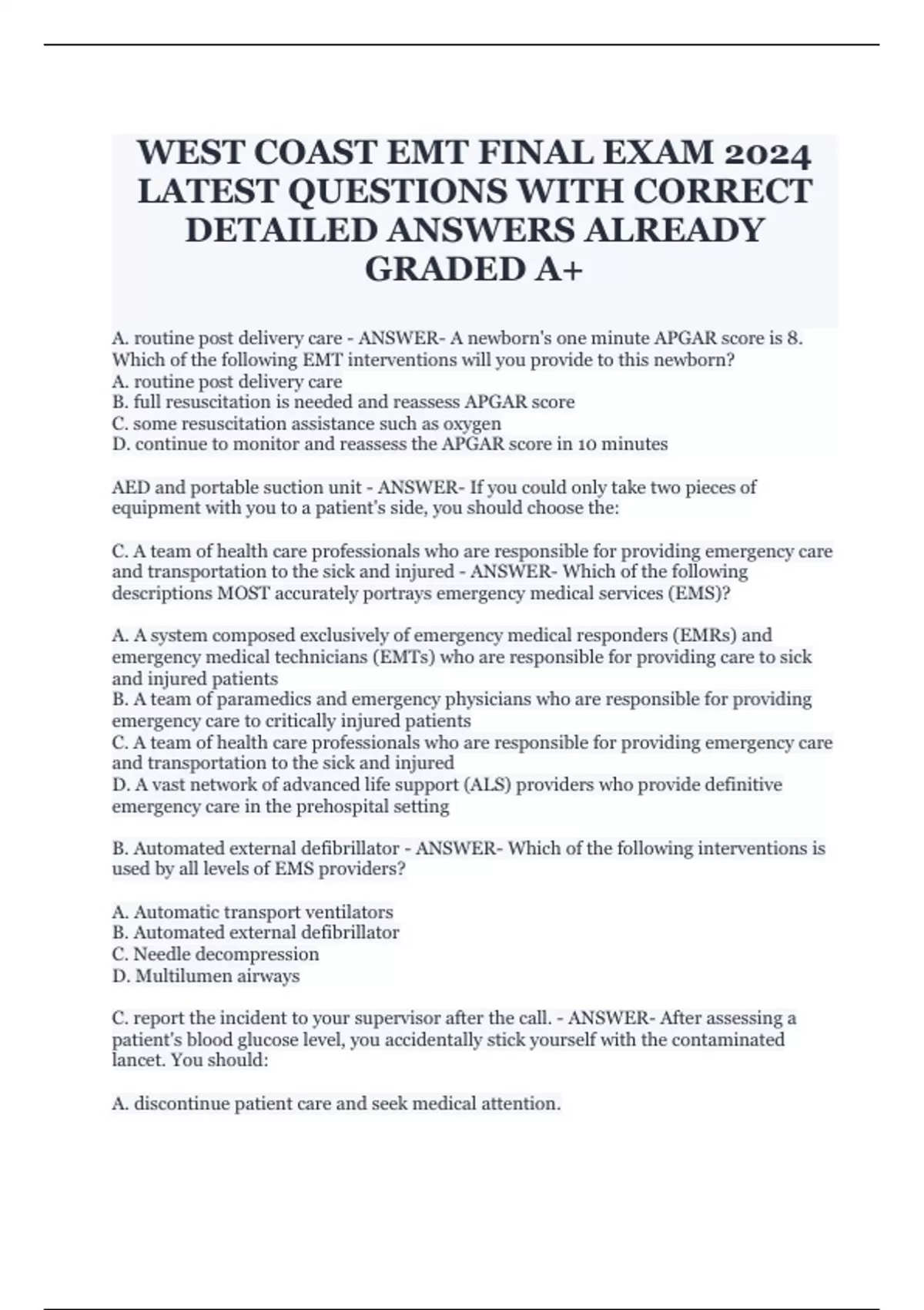 WEST COAST EMT FINAL EXAM 2024 LATEST QUESTIONS WITH CORRECT DETAILED ...