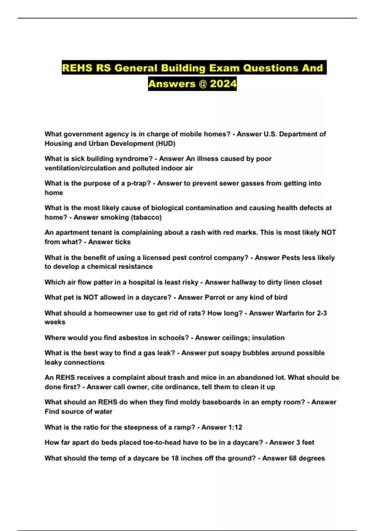 REHS RS General Building Exam Questions And Answers @ 2024 - REHS RS General Building - Stuvia US