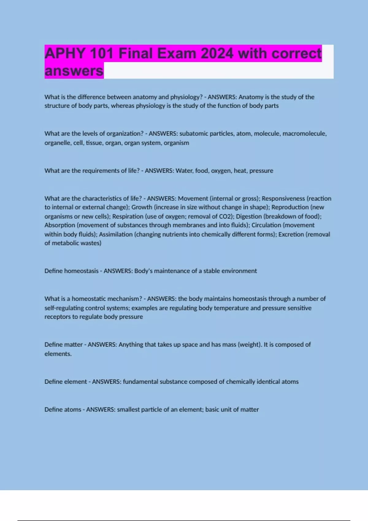 APHY 101 Final Exam 2024 with correct answers - Aphy 101 - Stuvia US