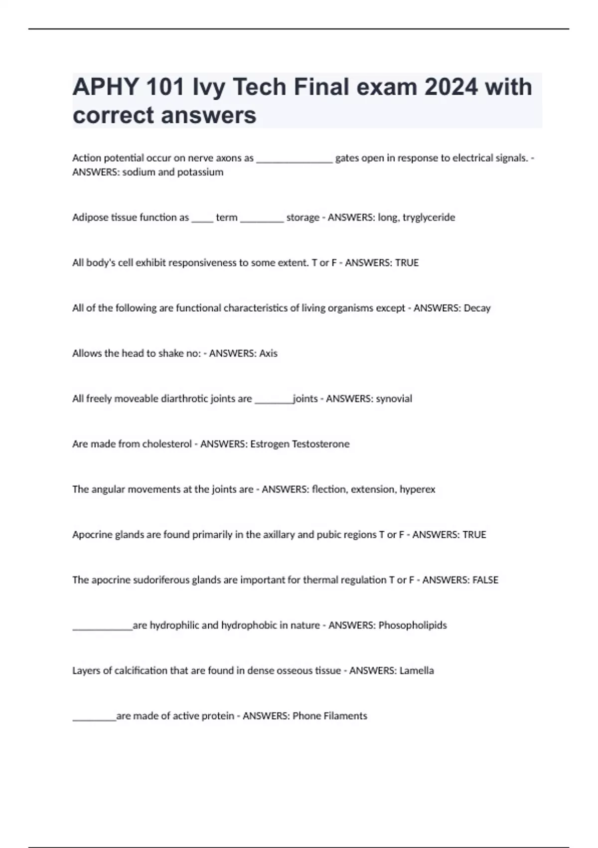 APHY 101 Ivy Tech Final exam 2024 with correct answers - Aphy 101 ...