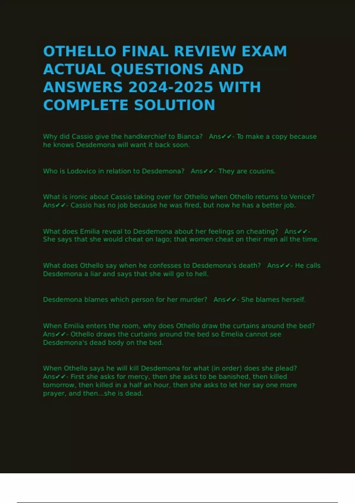 OTHELLO FINAL REVIEW EXAM ACTUAL QUESTIONS AND ANSWERS WITH COMPLETE SOLUTION - Othello - Stuvia US