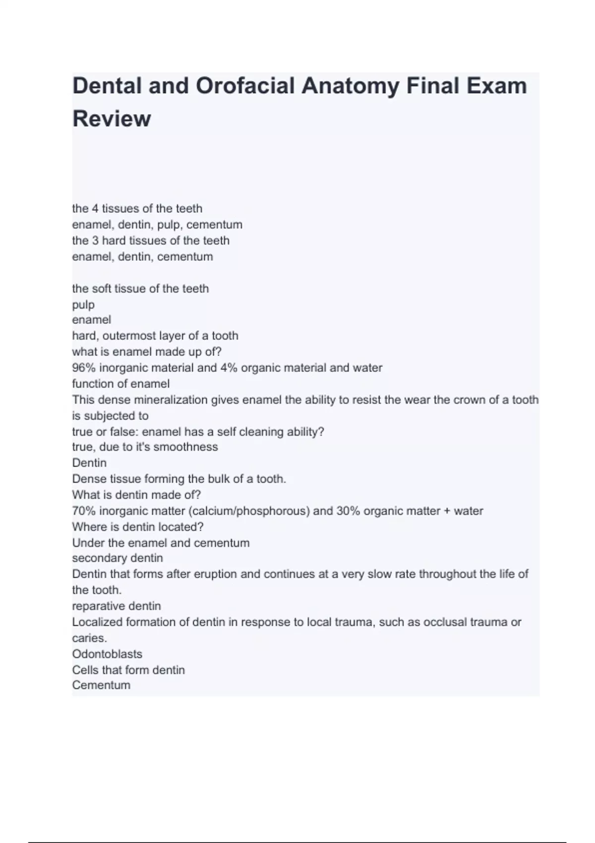 Dental and Orofacial Anatomy Final Exam Review with complete solution ...