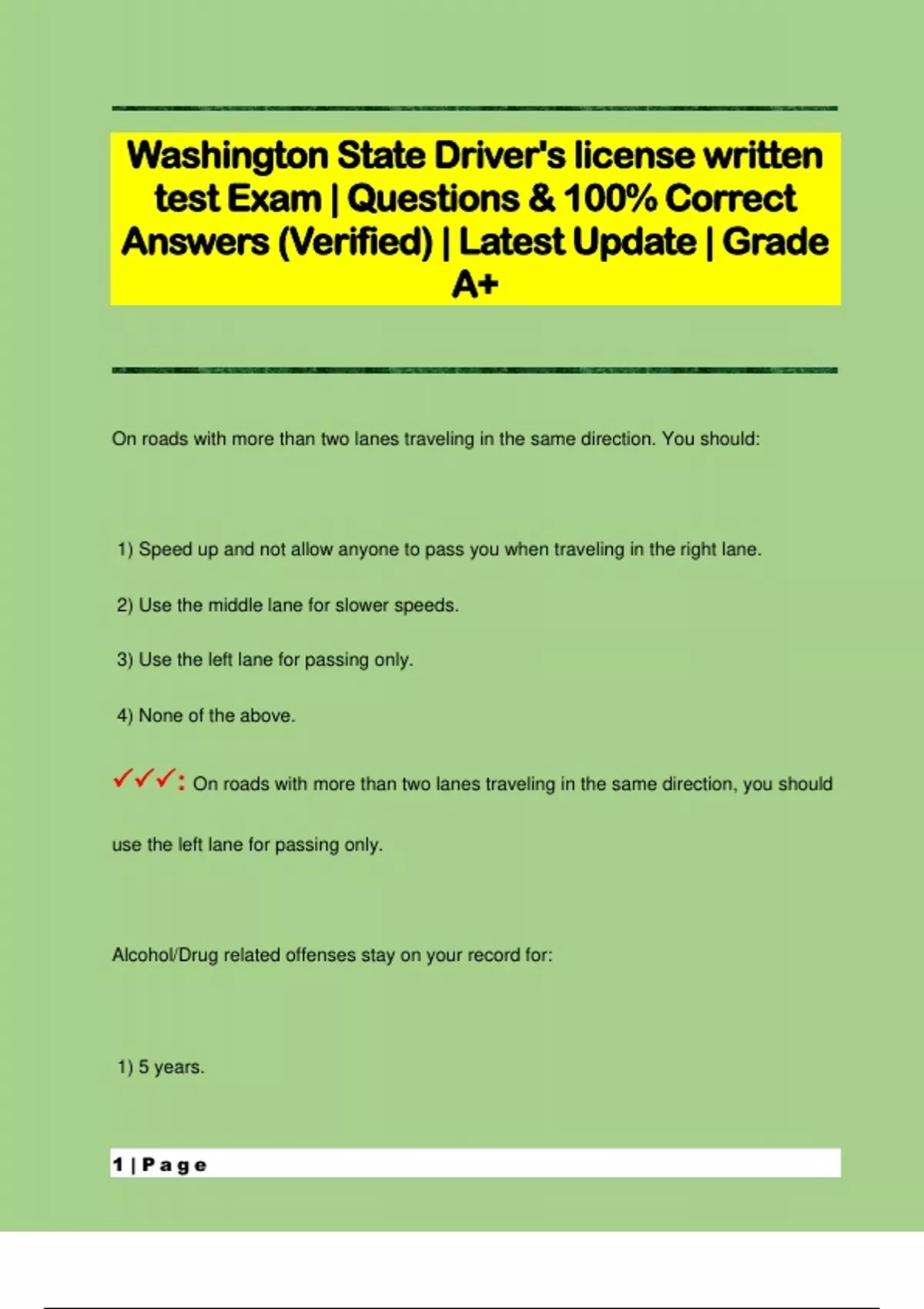 Washington State Driver's license written test Exam | Questions & 100% ...
