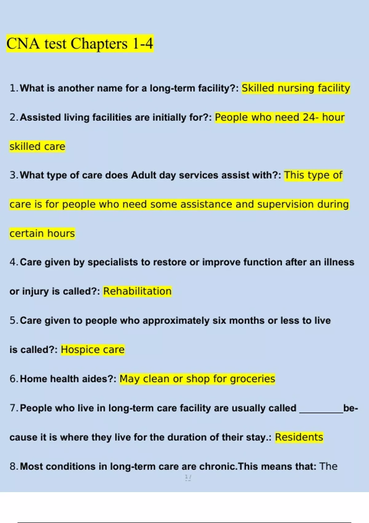 Chapters 1-4 CNA test - CNA - Certified Nursing Assistant - Stuvia US