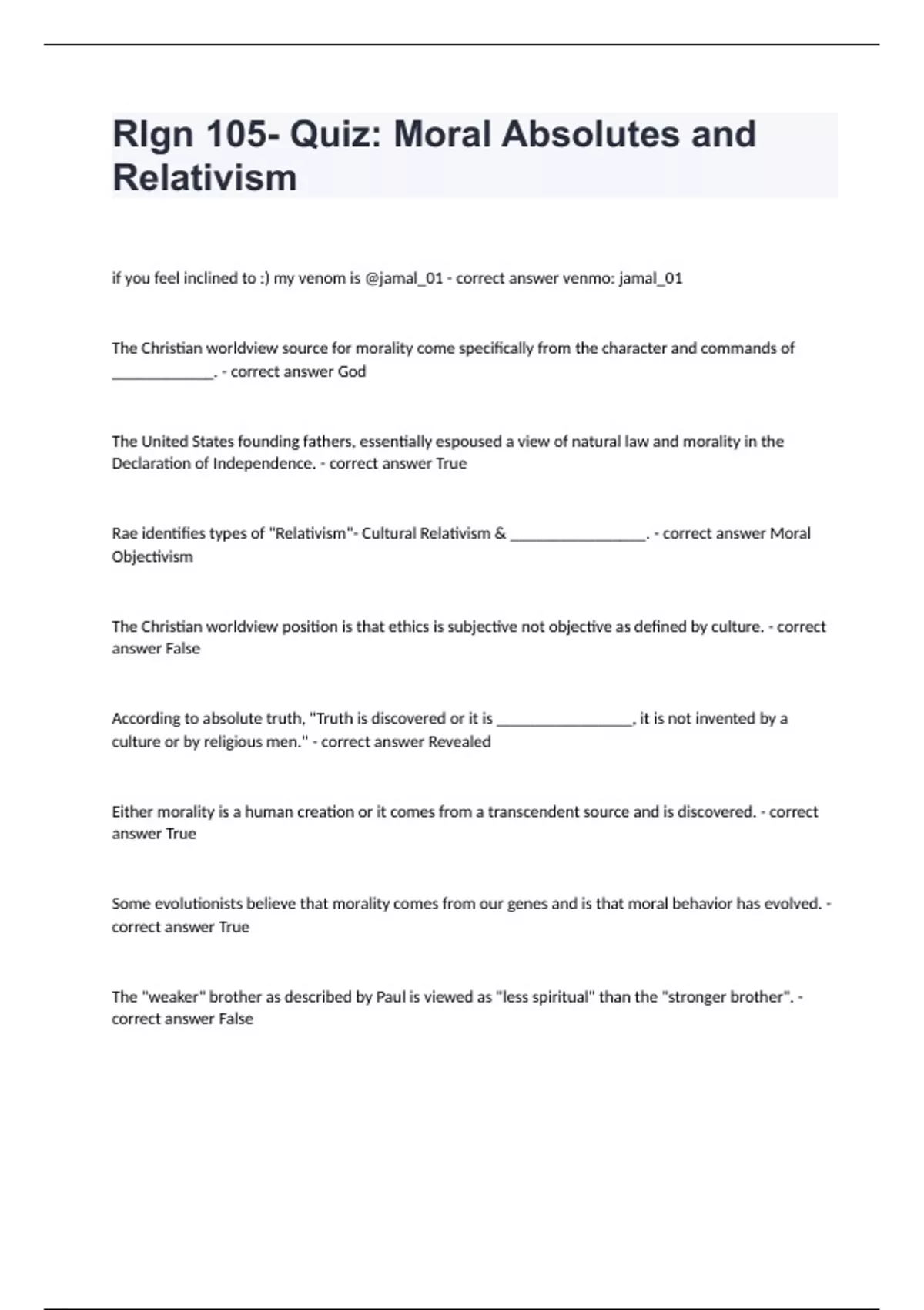 Rlgn 105- Quiz Moral Absolutes and Relativism Question and answers ...