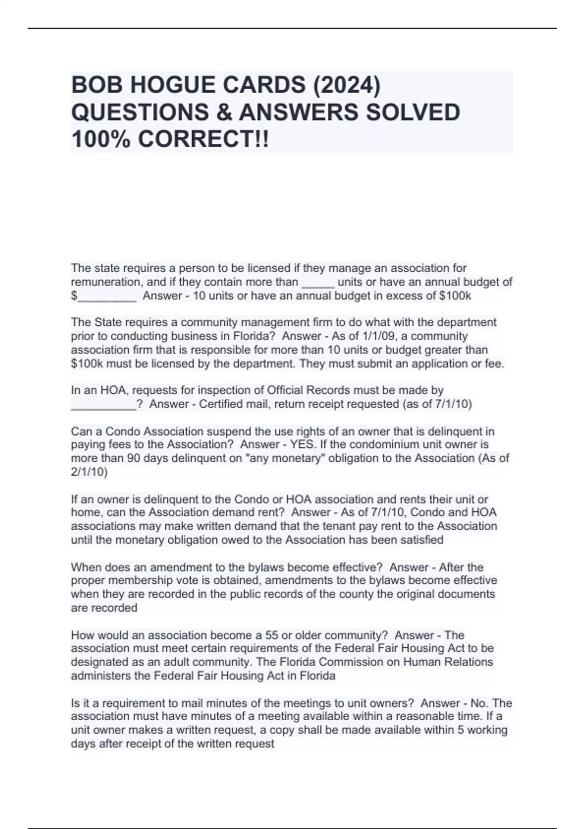 BOB HOGUE CARDS (2024) QUESTIONS & ANSWERS SOLVED 100% CORRECT!! - BOB ...