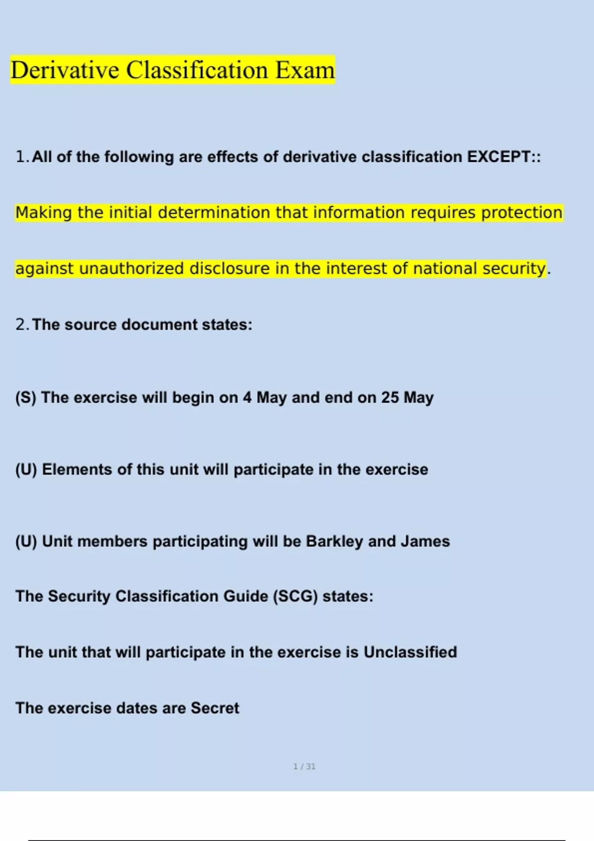 Derivative Classification Exam - Derivative classification - Stuvia US