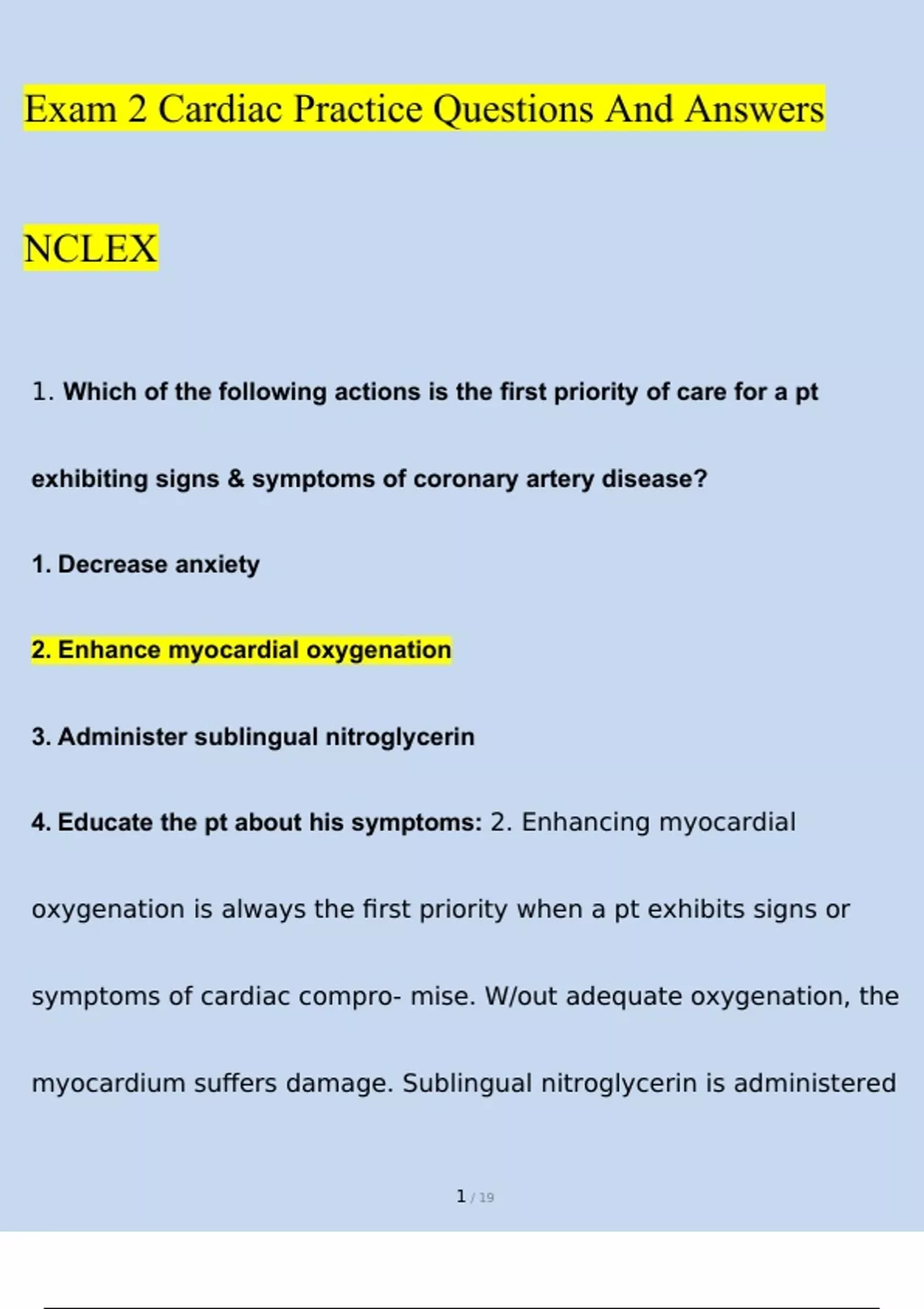 Exam 2 Cardiac Practice Questions NCLEX - NCLEX Cardiovascular ...