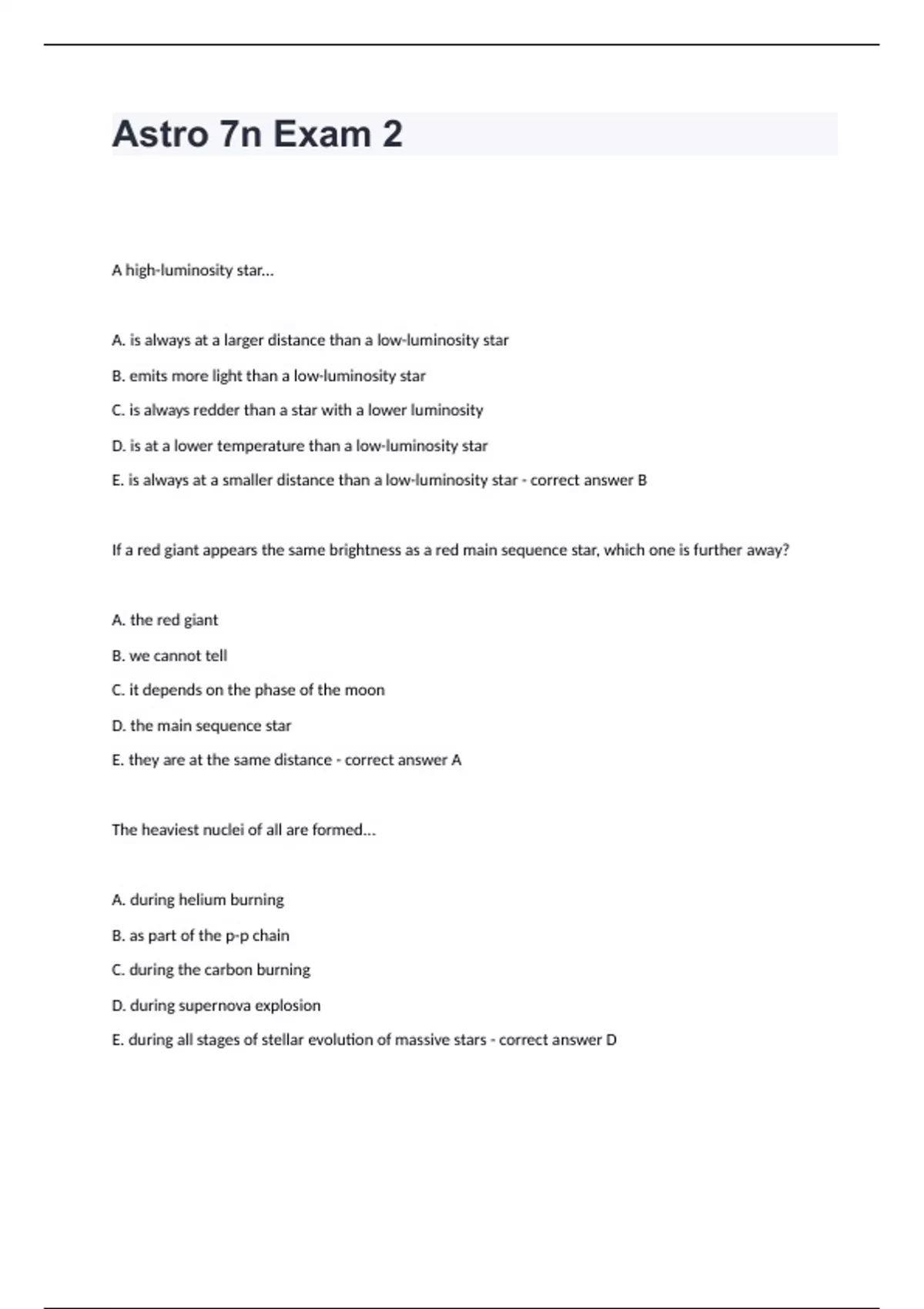 Astro 7n Exam 2 Question and answers 100% correct 2024 - ASTRO 7N ...