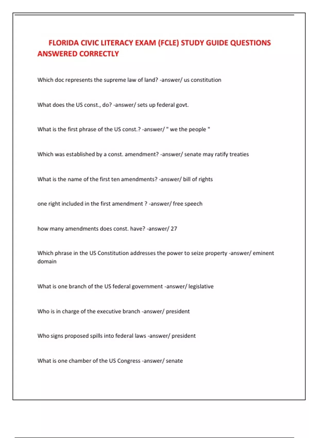 FLORIDA CIVIC LITERACY EXAM (FCLE) STUDY GUIDE QUESTIONS ANSWERED ...