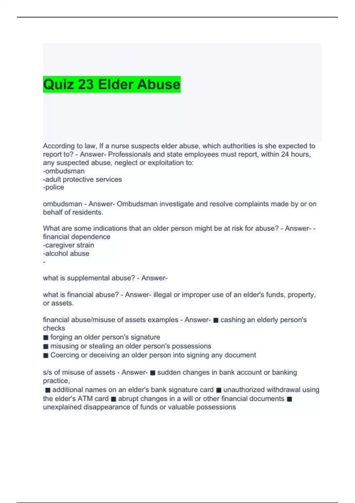 Quiz 23 Elder Abuse- with correct Answers - Unitek LVN elder abuse and ...