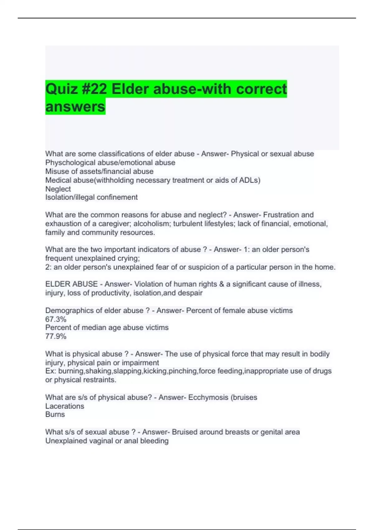 Quiz #22 Elder abuse-with correct answers - Unitek LVN elder abuse and neglect - Stuvia UK