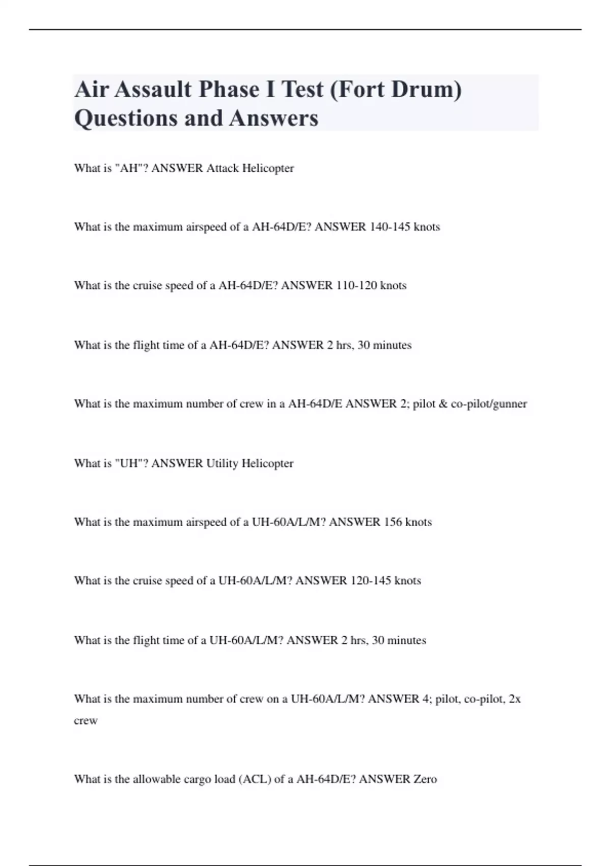 Air Assault Phase I Test (Fort Drum) Questions and Answers - Air ...