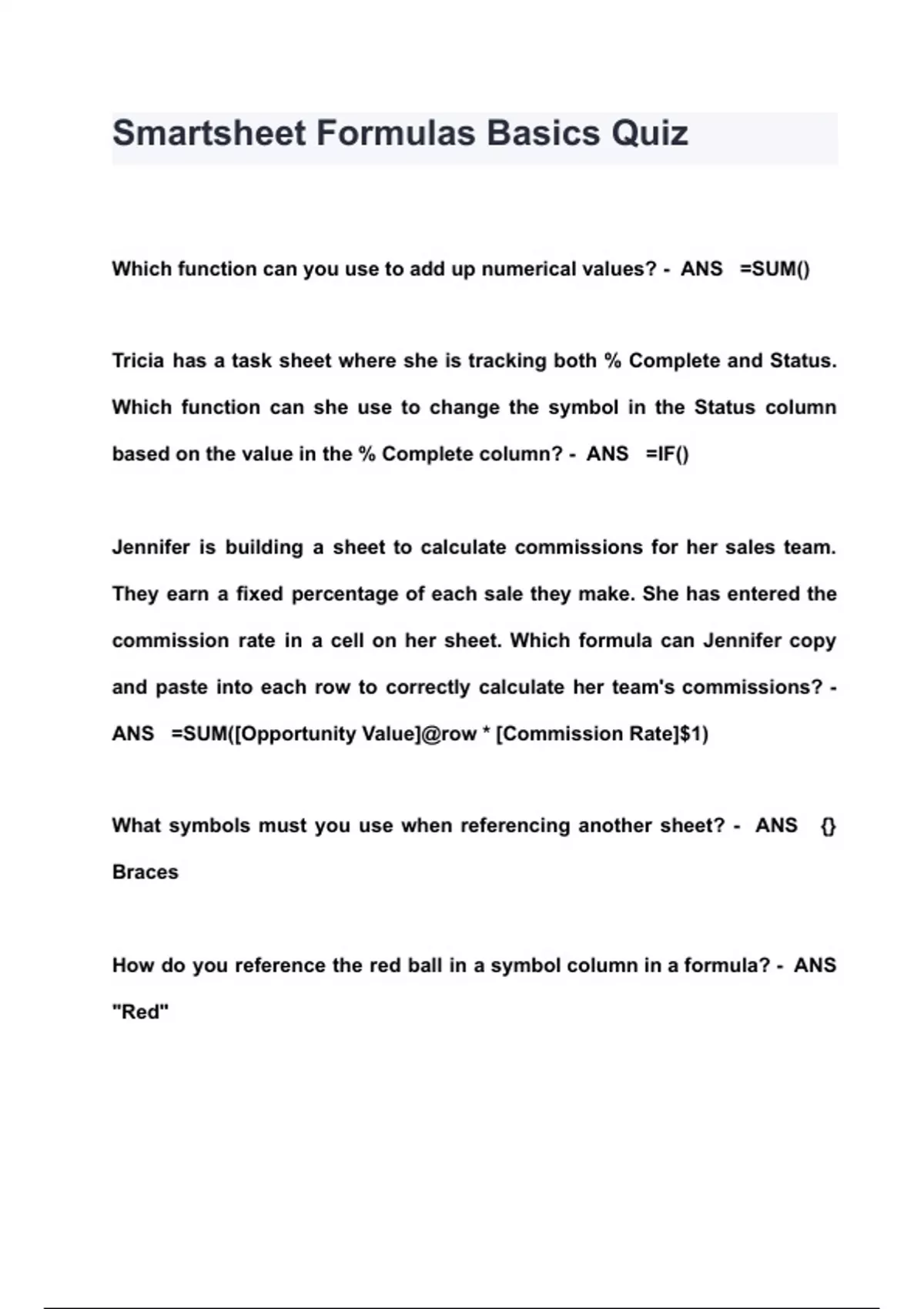 Smartsheet Formulas Basics Quiz QUESTIONS & ANSWERS 2024( A+ GRADED 100 ...