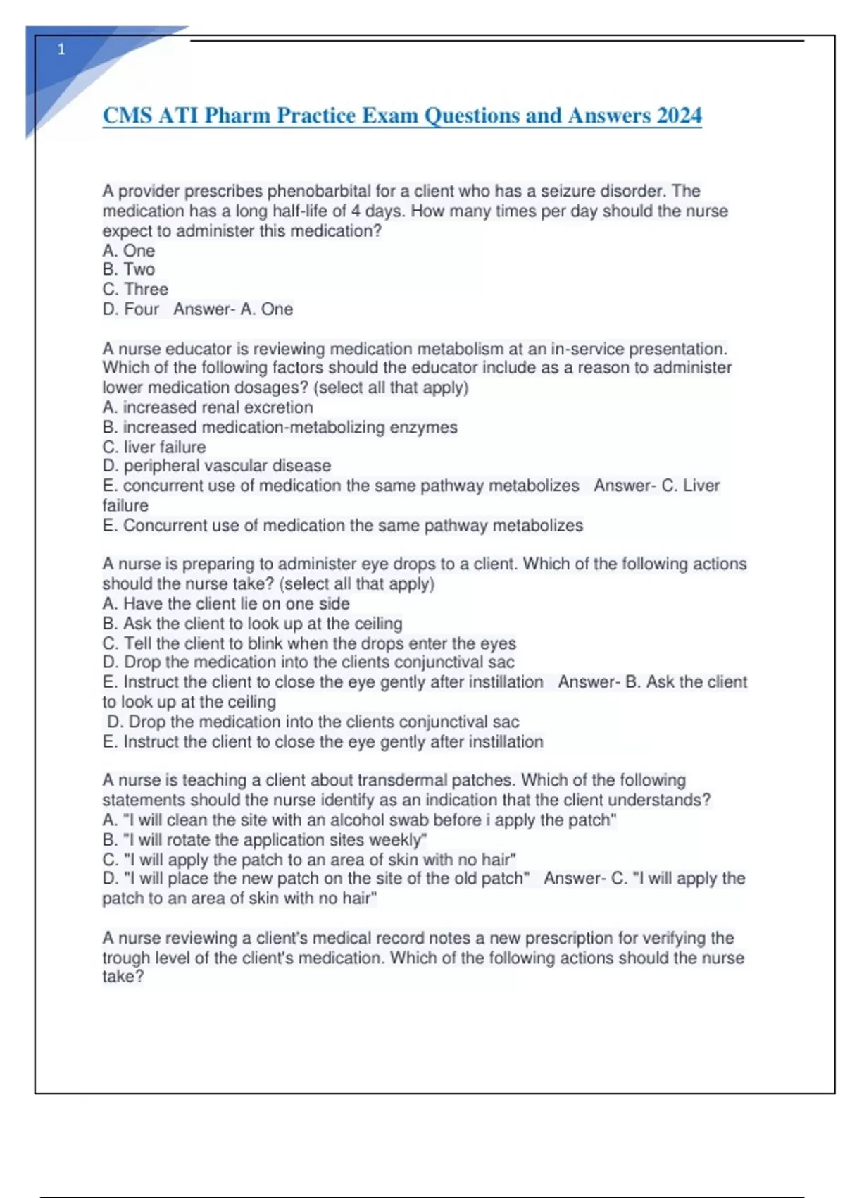 CMS ATI Pharm Practice Exam Questions and Answers 2024. - CMS - Stuvia US