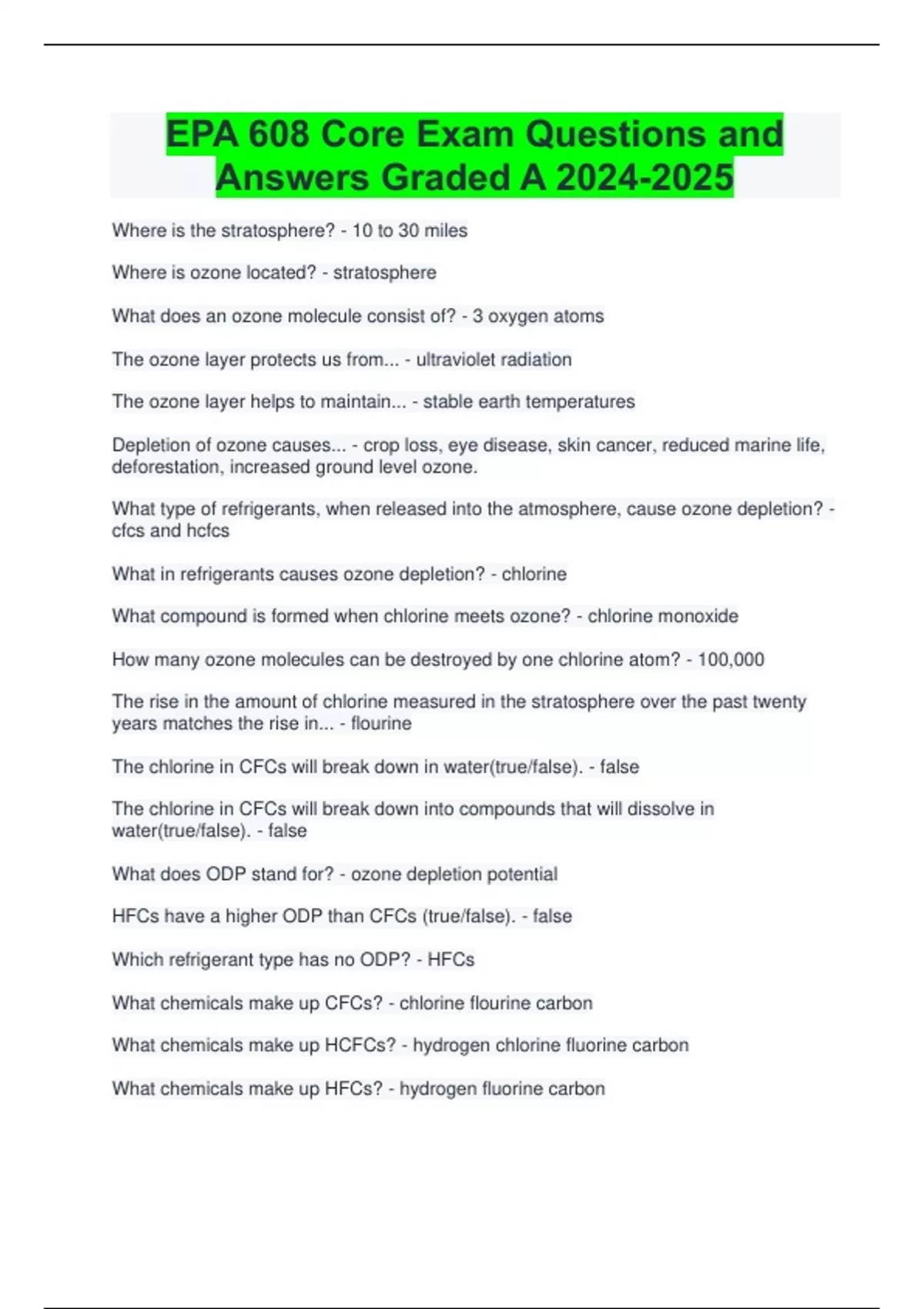 EPA 608 Core Exam Questions and Answers Graded A - EPA 608 Core - Stuvia US