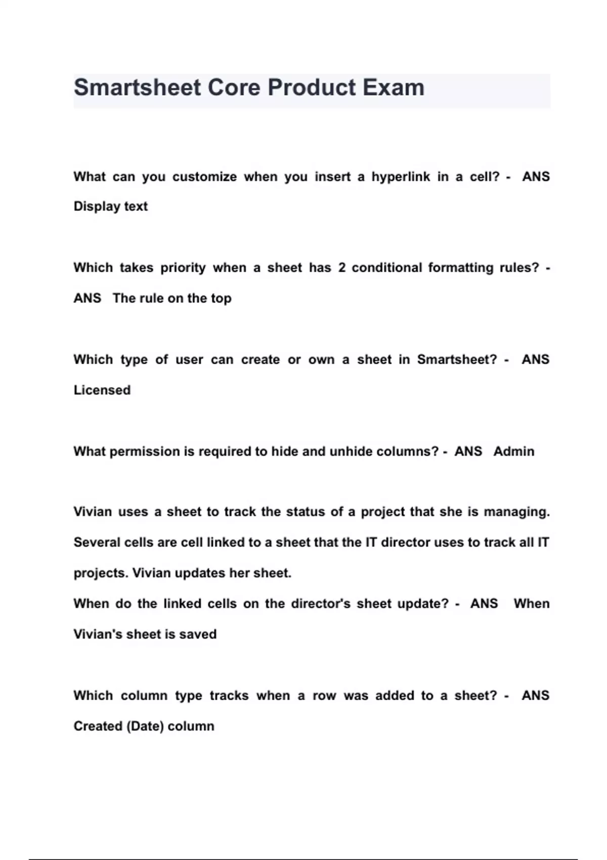 Smartsheet Core Product Exam QUESTIONS & ANSWERS 2024 ( A+ GRADED 100% ...