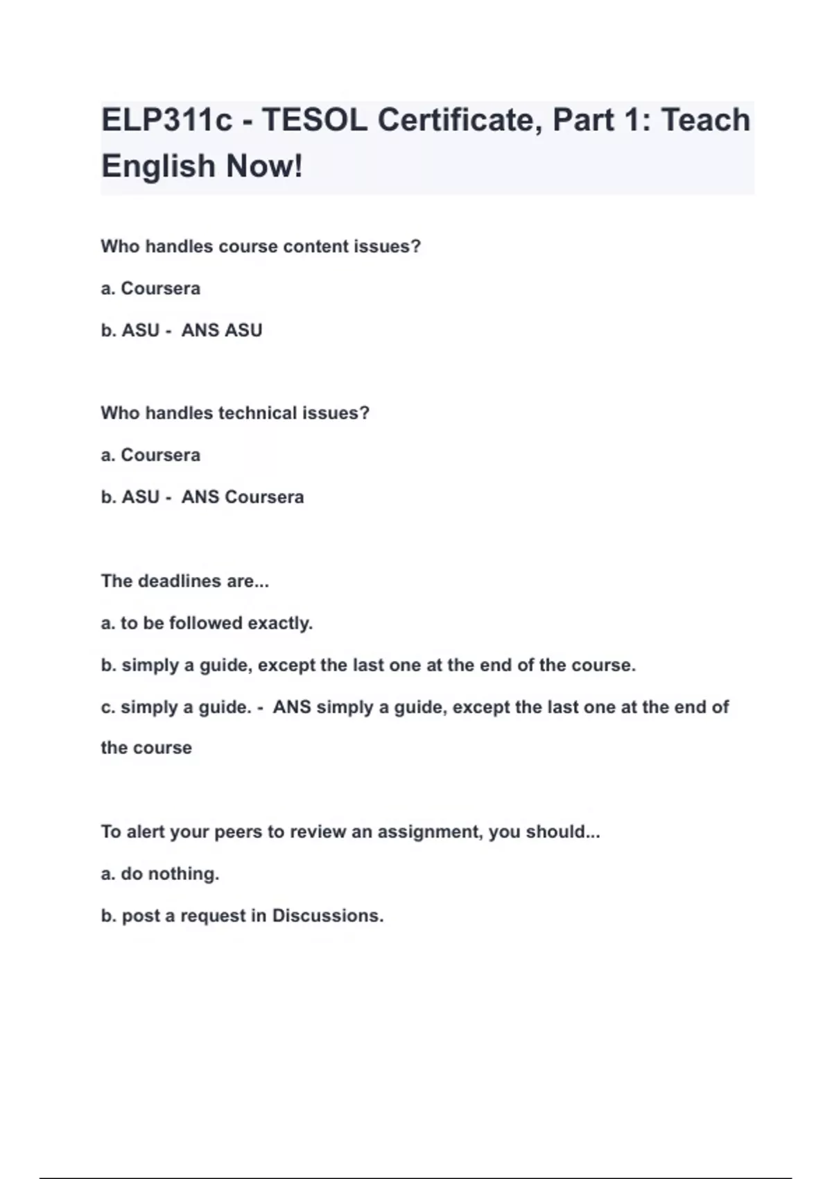 ELP311c - TESOL Certificate, Part 1: Teach English Now! Questions ...