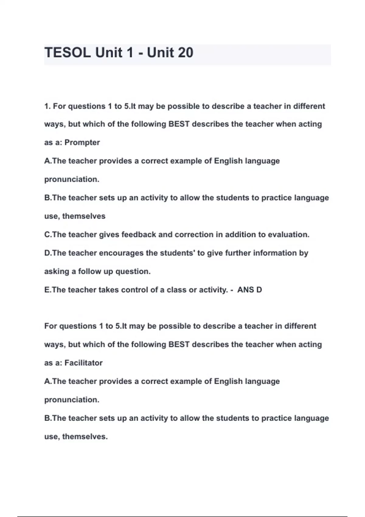 TESOL Unit 1 - Unit 20 Questions & Answers 2024 ( A+ GRADED 100% ...